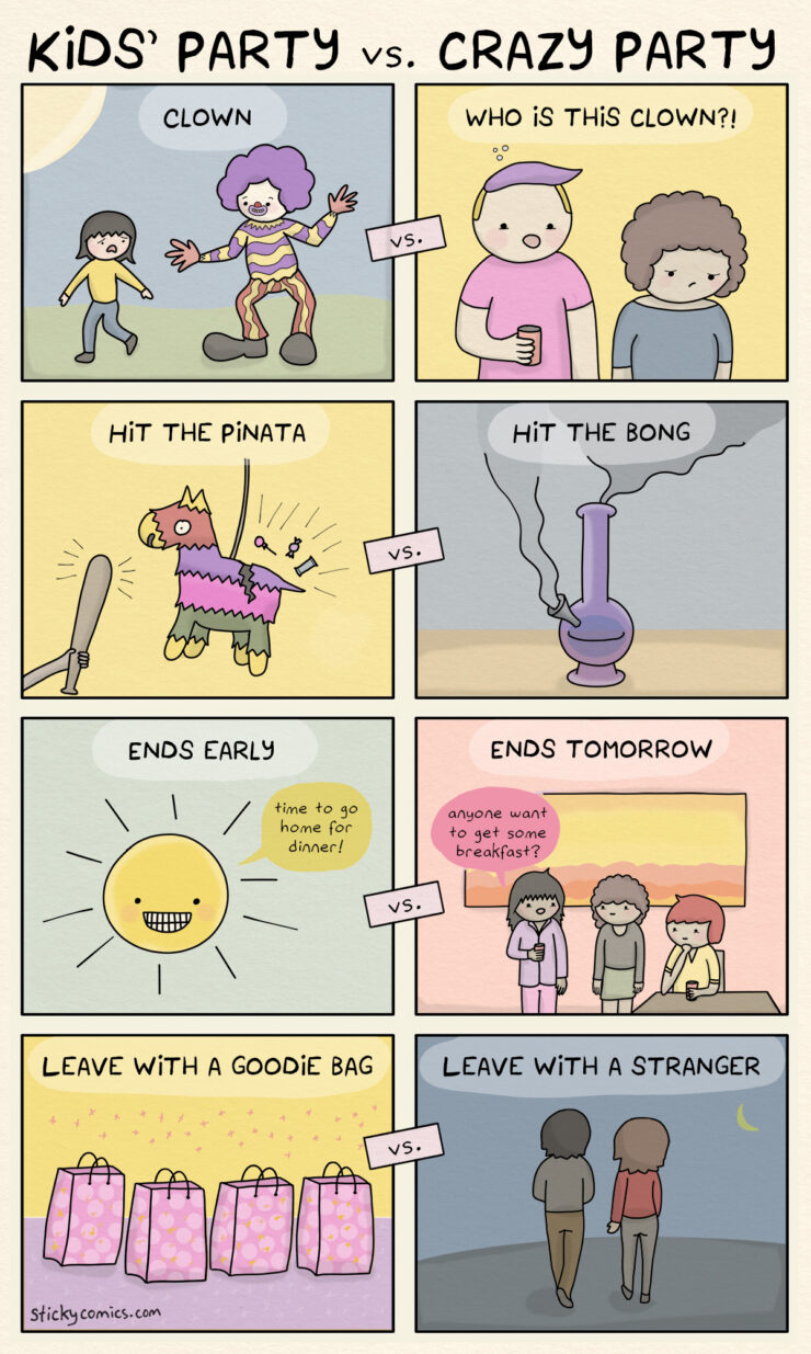 Kid’s Party vs CRAZY PARTY – sticky comics